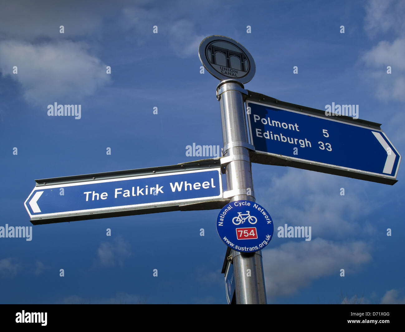 Waymarker and signpost on Union Canal towpath and Sustrans cycle route ...