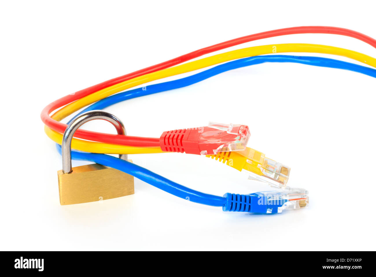 Secured network cables with a padlock against white background Stock ...