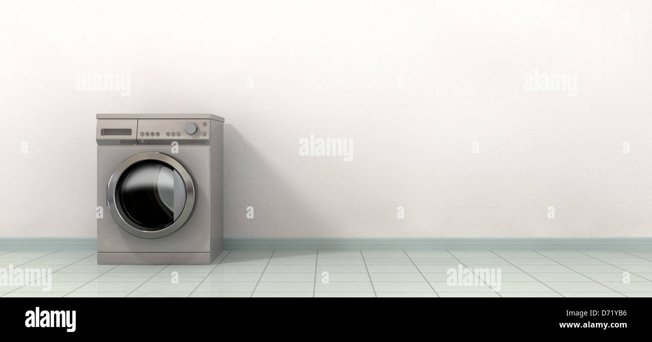 A front view of a regular brushed metal washing machine in an empty ...