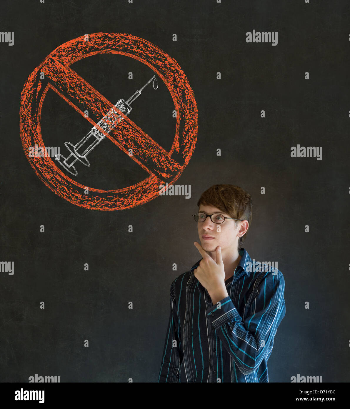 No drugs addict business man, student or teacher on blackboard ...