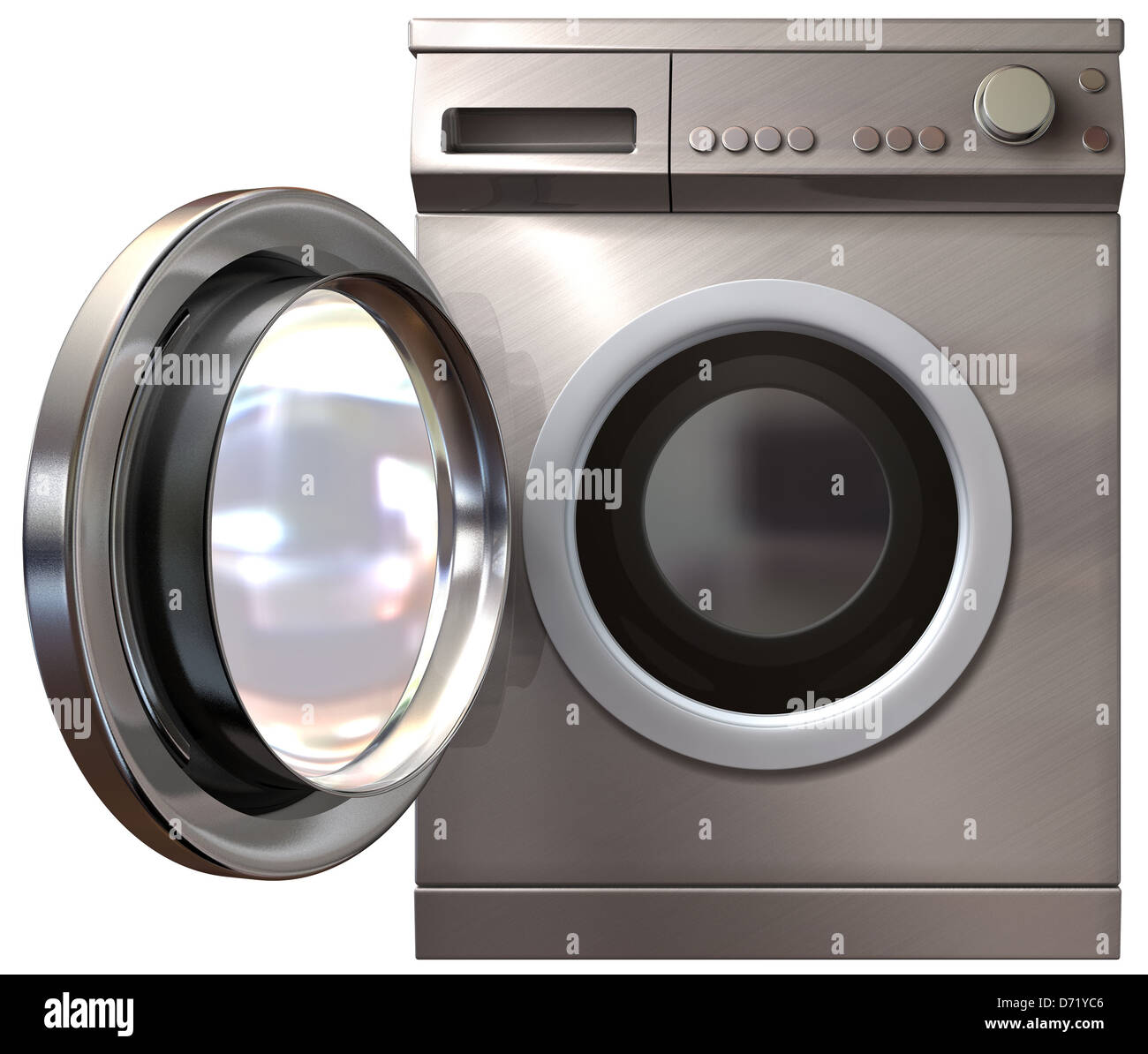 A front view of a regular brushed metal washing machine with its door ...