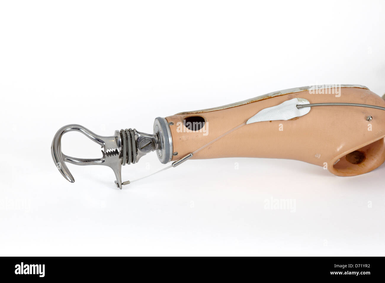 Hand prosthesis in metal with forearm in plastic. Close-up. Old model ...