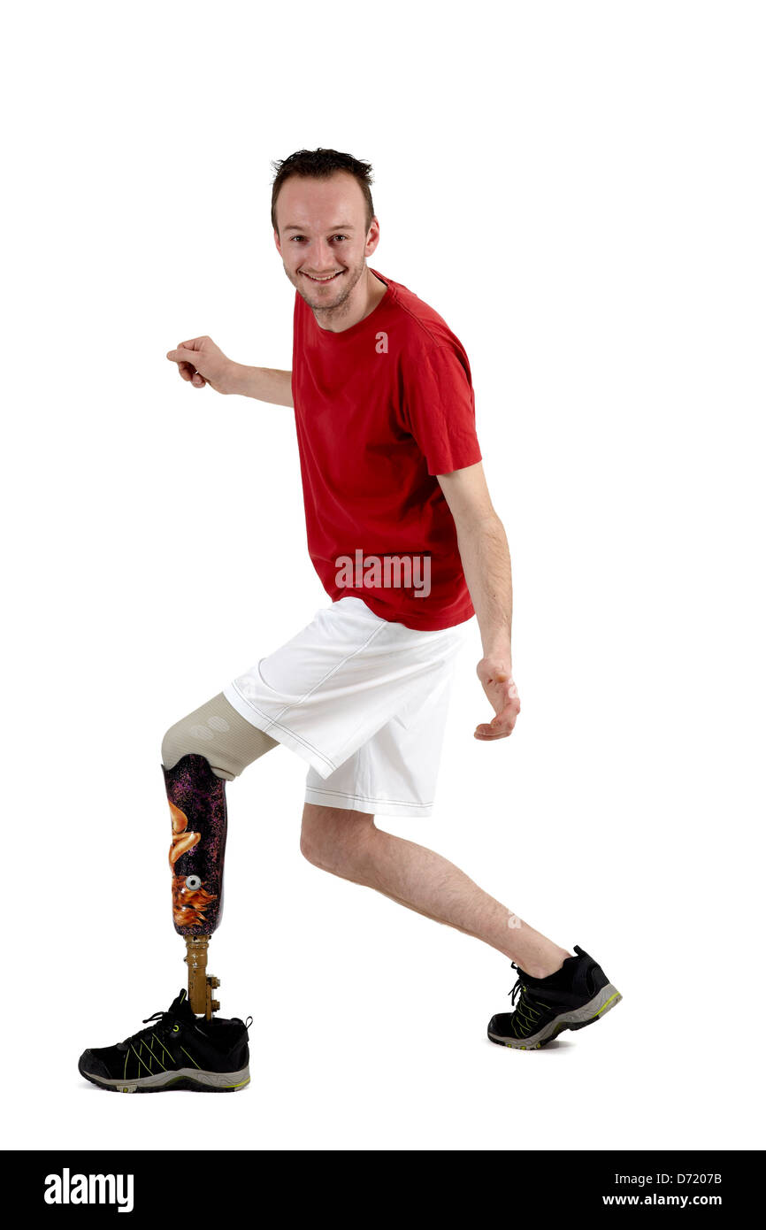 Male amputee showing the use of a prosthetic limb. Positive male ...