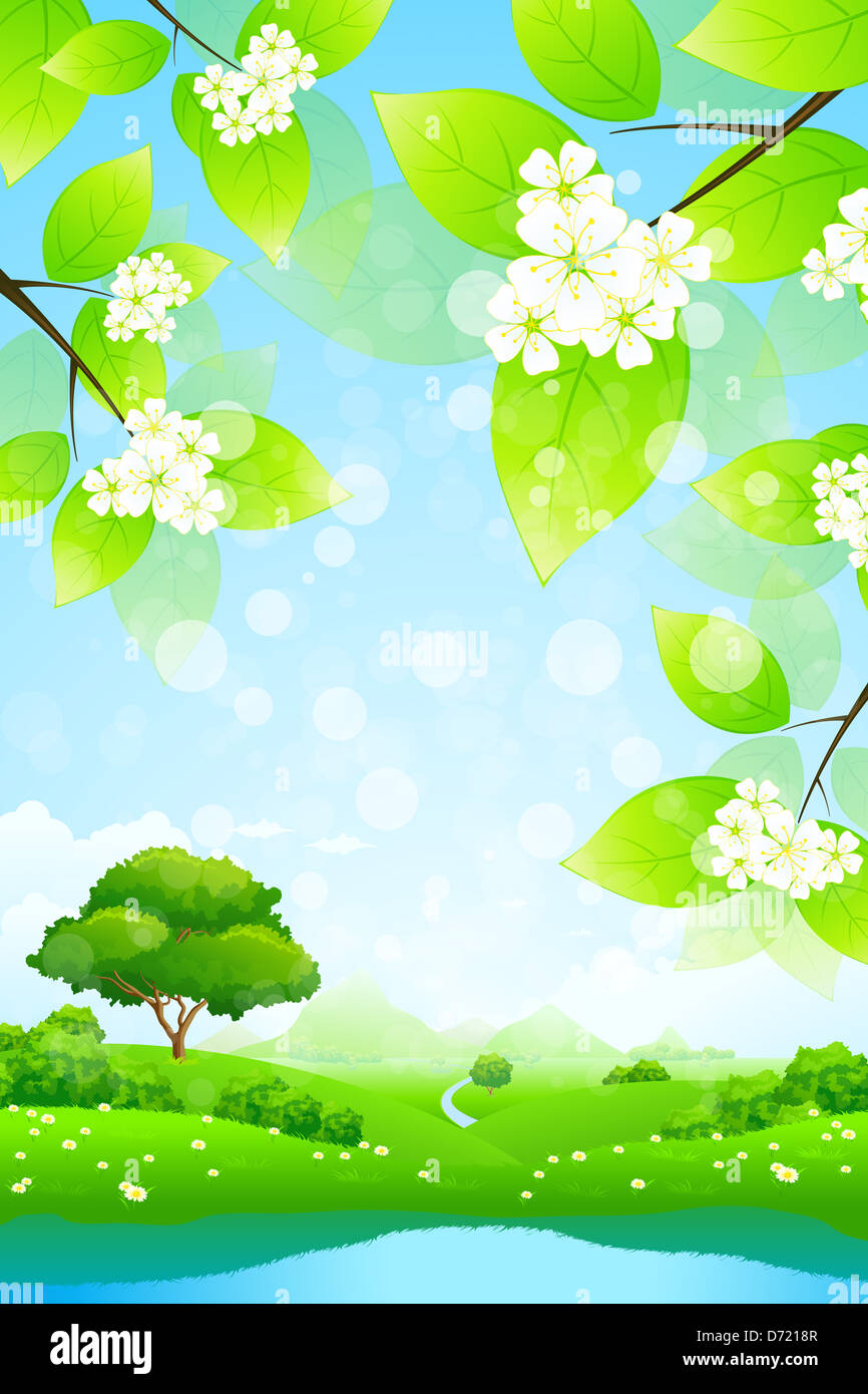 Green Landscape with Tree Branch, Lake, Trees and Flowers Stock Photo ...