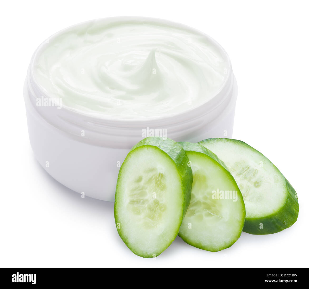 Jar of cream and slices of cucumber on a white background Stock Photo ...
