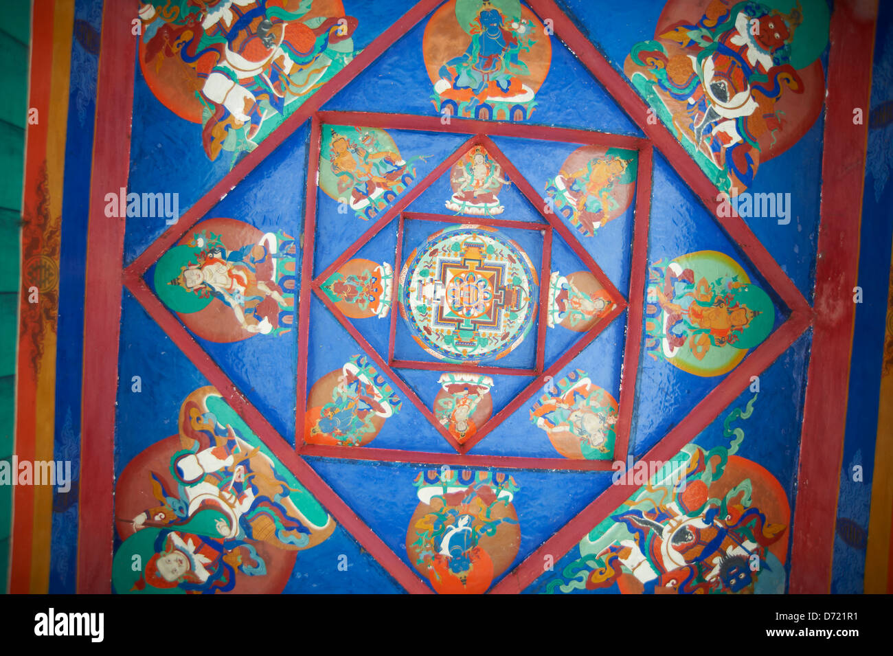 A mandala under the roof of the entrance at the Shanti Stupa in Leh ...