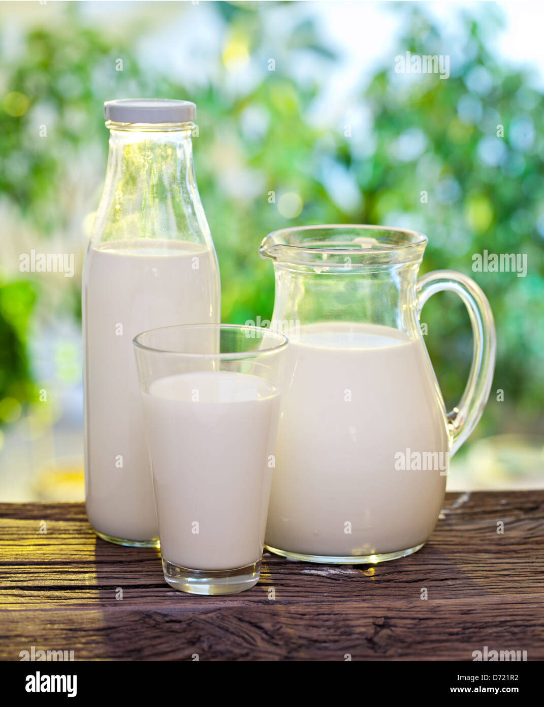 Milk in various dishes on the old wooden table in an outdoor setting ...