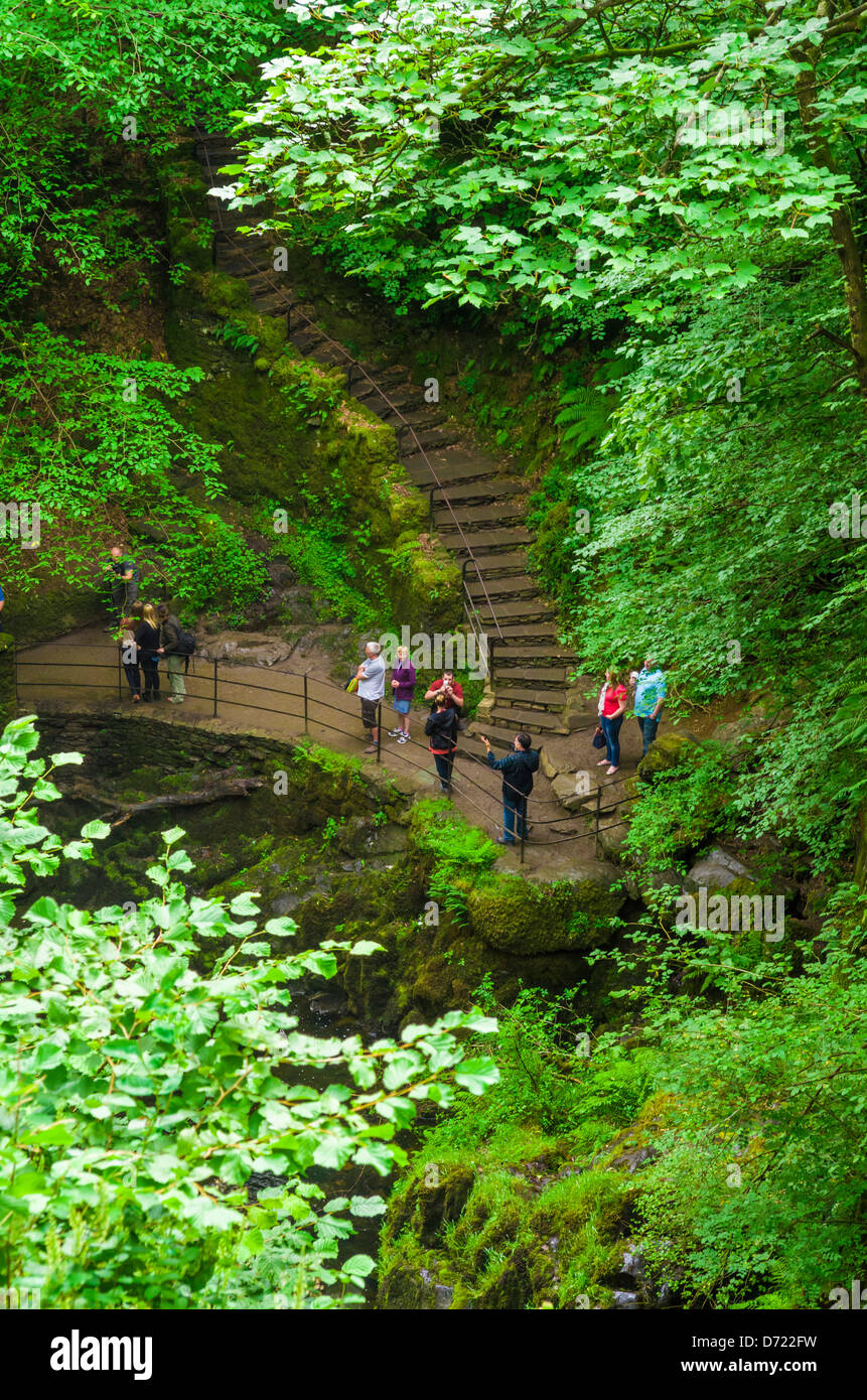 Tourists on the steps at the foot of Aira Force waterfall in the Lake ...