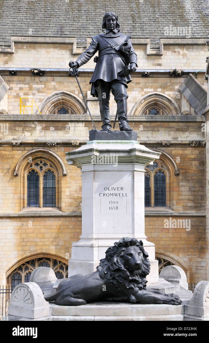 London, England, UK. Statue (William Hamo Thornycroft; 1899) of Oliver Cromwell (1599-1658) in ...