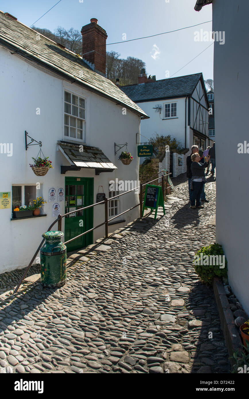 Clovelly, North Devon, England. Part of the very steep main street and ...