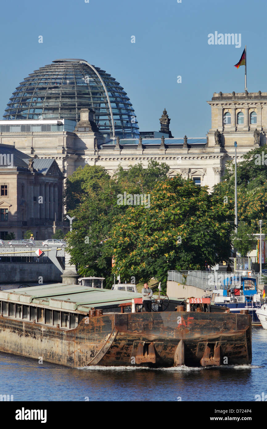 Berlin, Germany, Barge on the River Spree and the Reichstag Stock Photo ...