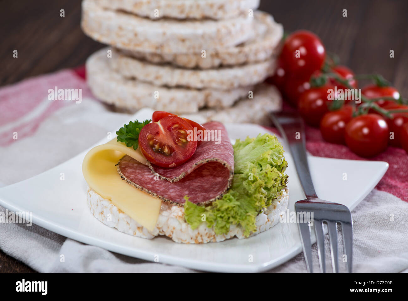 Diet food (rice cakes with healthy topping on a plate Stock Photo - Alamy