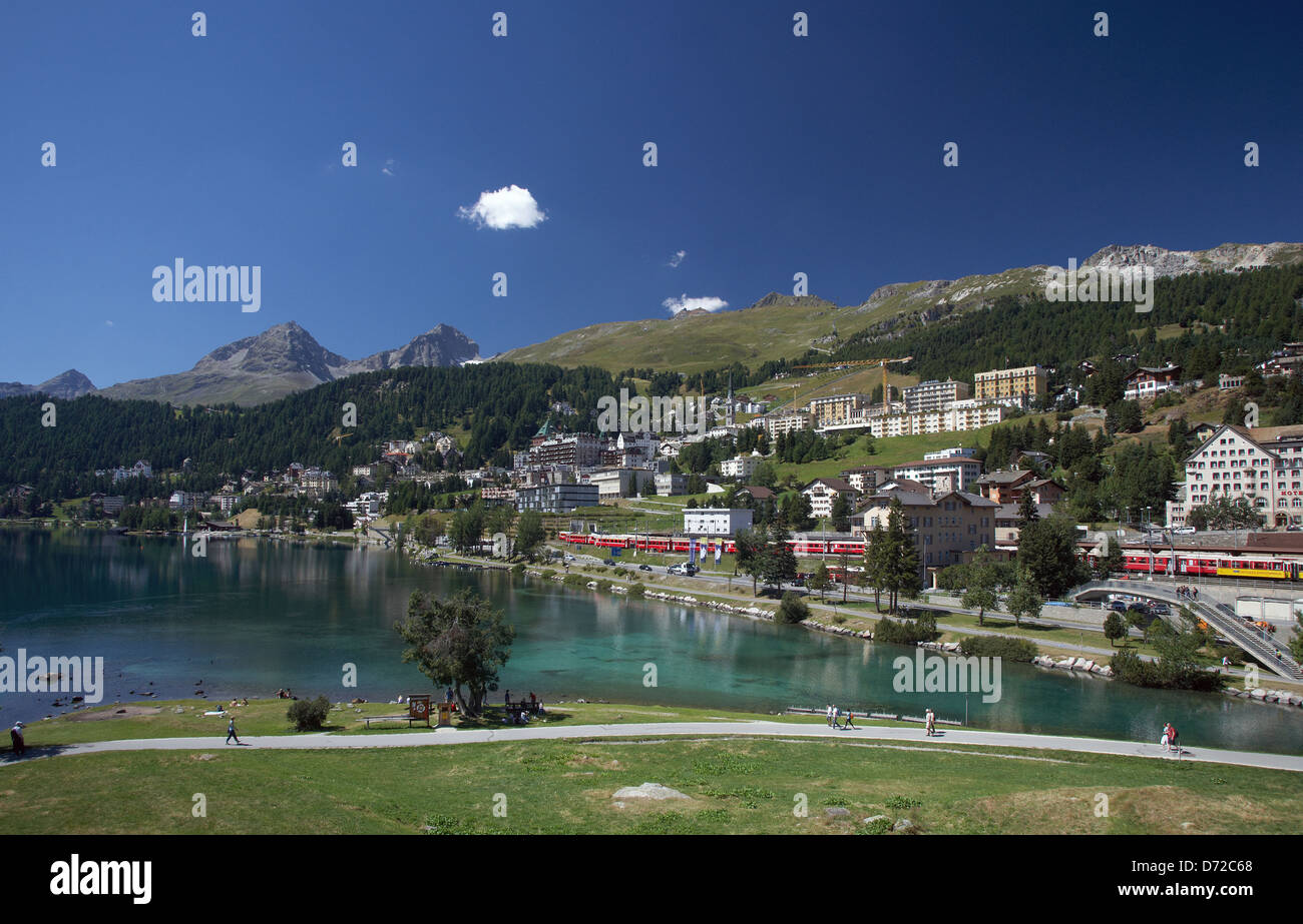 St. Moritz, Switzerland, view over the St. Moritz St. Moritz train ...