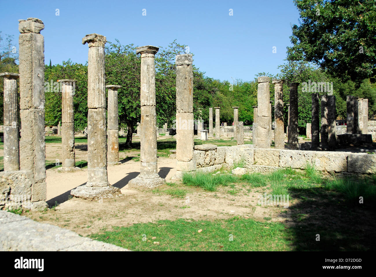 Archaeological site with columns in the ancient site of Olympia, Greece ...