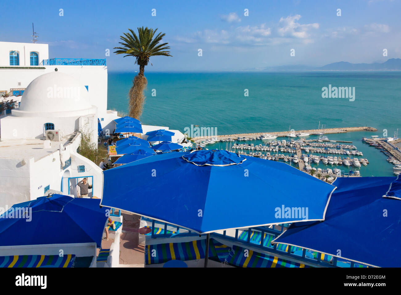 View of yachts and marina from the teahouse along the Mediterranean ...