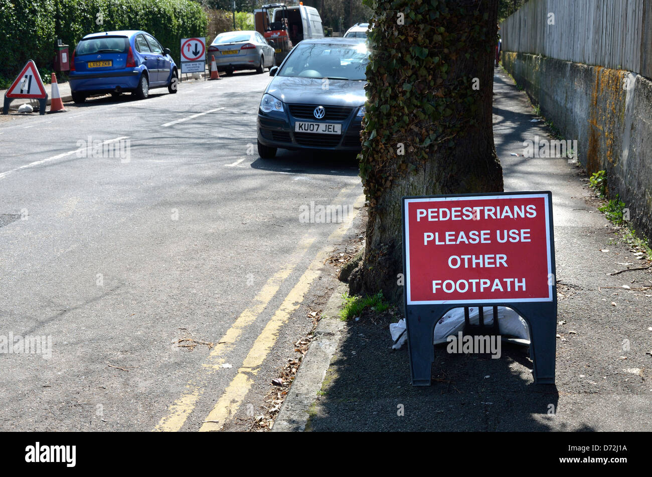 Maidstone, Kent, England. Sign warning pedestrians about roadworks ...