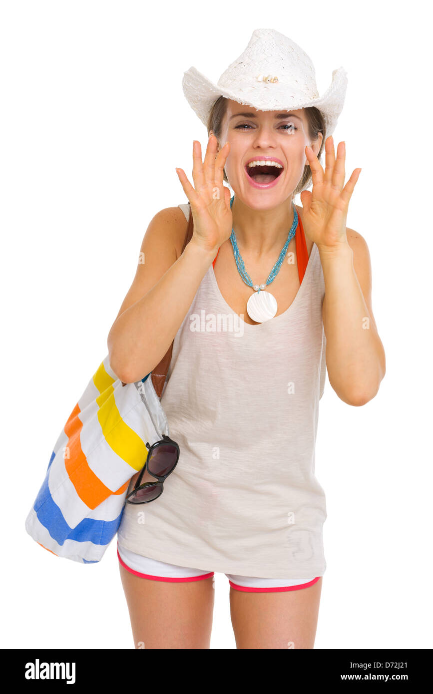 Megaphone woman beach hi-res stock photography and images - Alamy