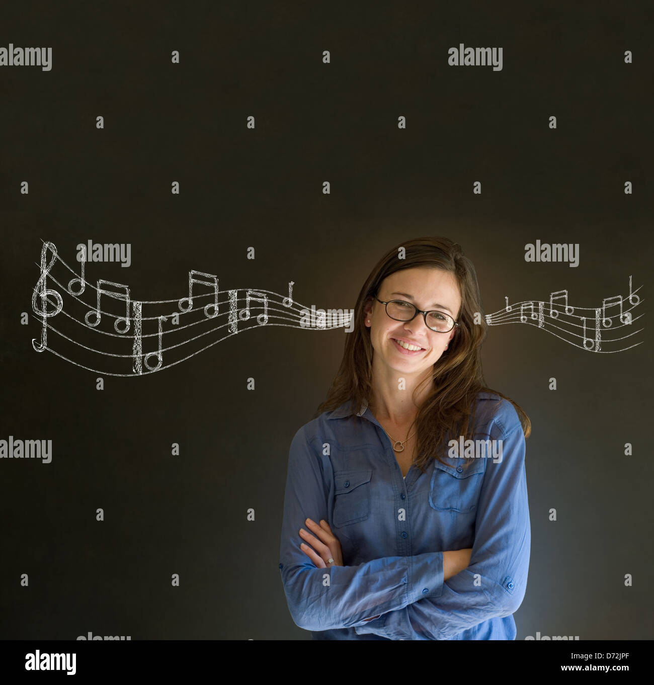 Learn music business woman, student or teacher chalk blackboard ...