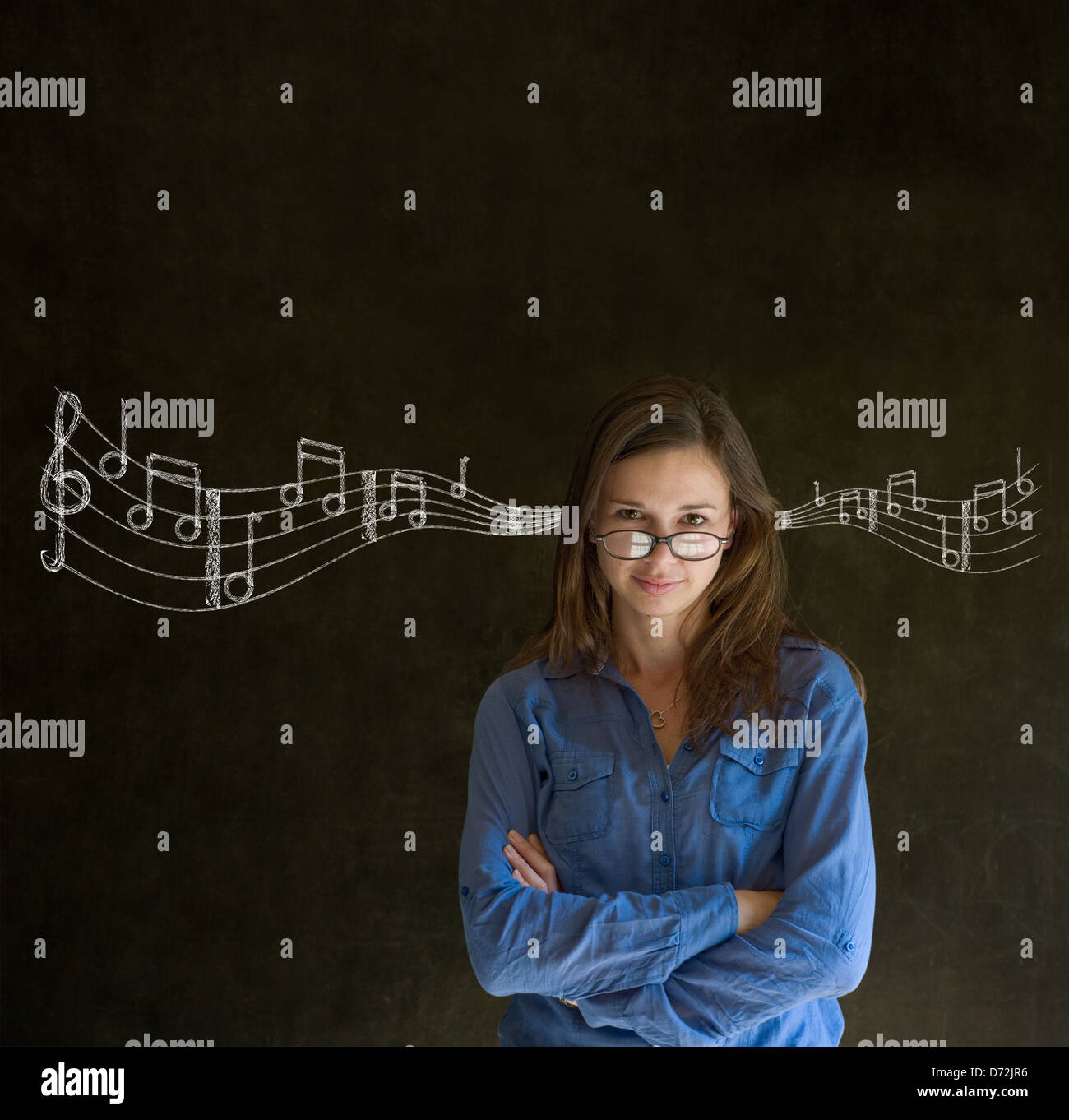 Learn music business woman, student or teacher chalk blackboard ...