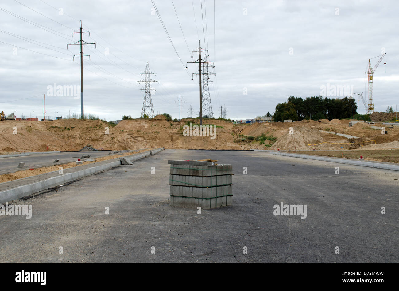 building highway asphalt road construction site. tiles and curbs ...
