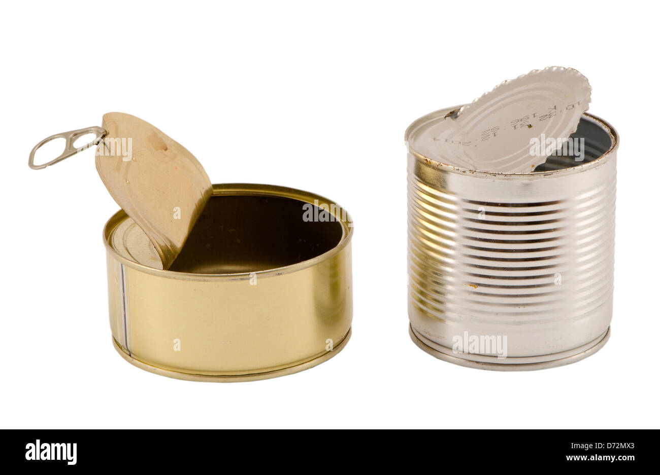 pair of open used metallic cans isolated on white background Stock ...