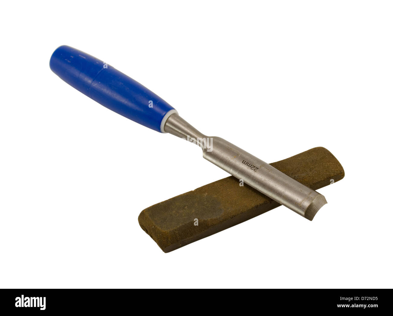 Round metallic chisel with plastic blue handle on whetstone isolated on ...