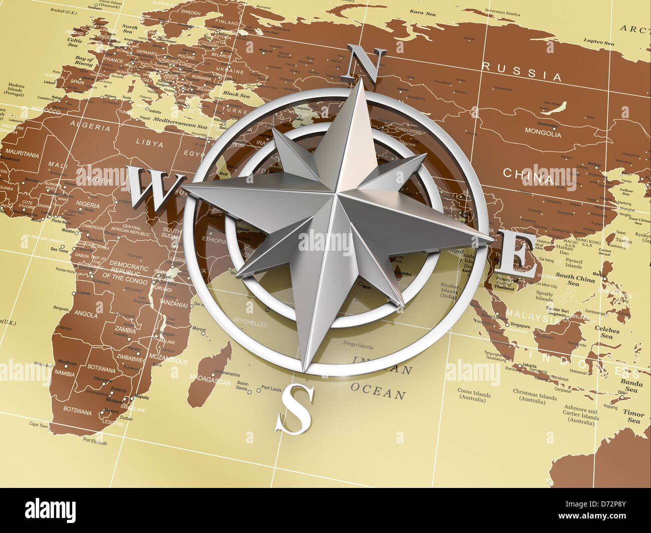 Navigation sign or compass on political map. 3d Stock Photo - Alamy