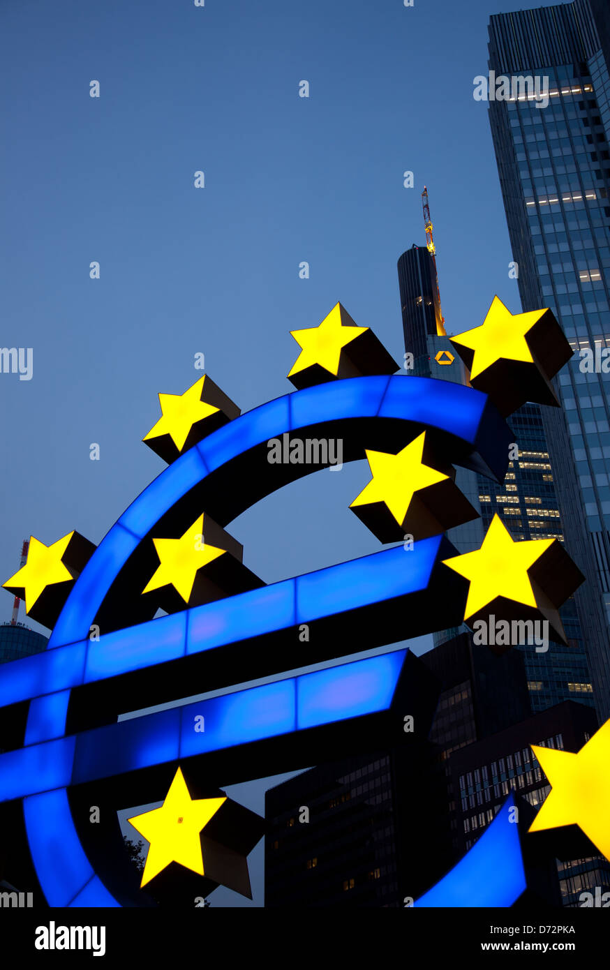 Frankfurt, Germany, the illuminated euro sculpture in front of the ...