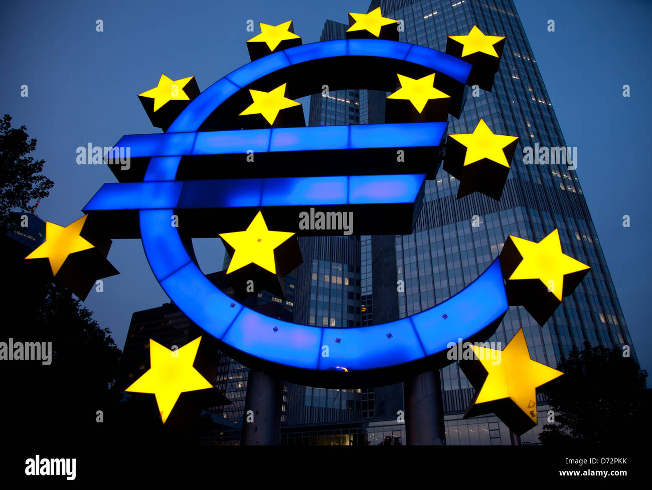 Frankfurt, Germany, the illuminated euro sculpture in front of the ...