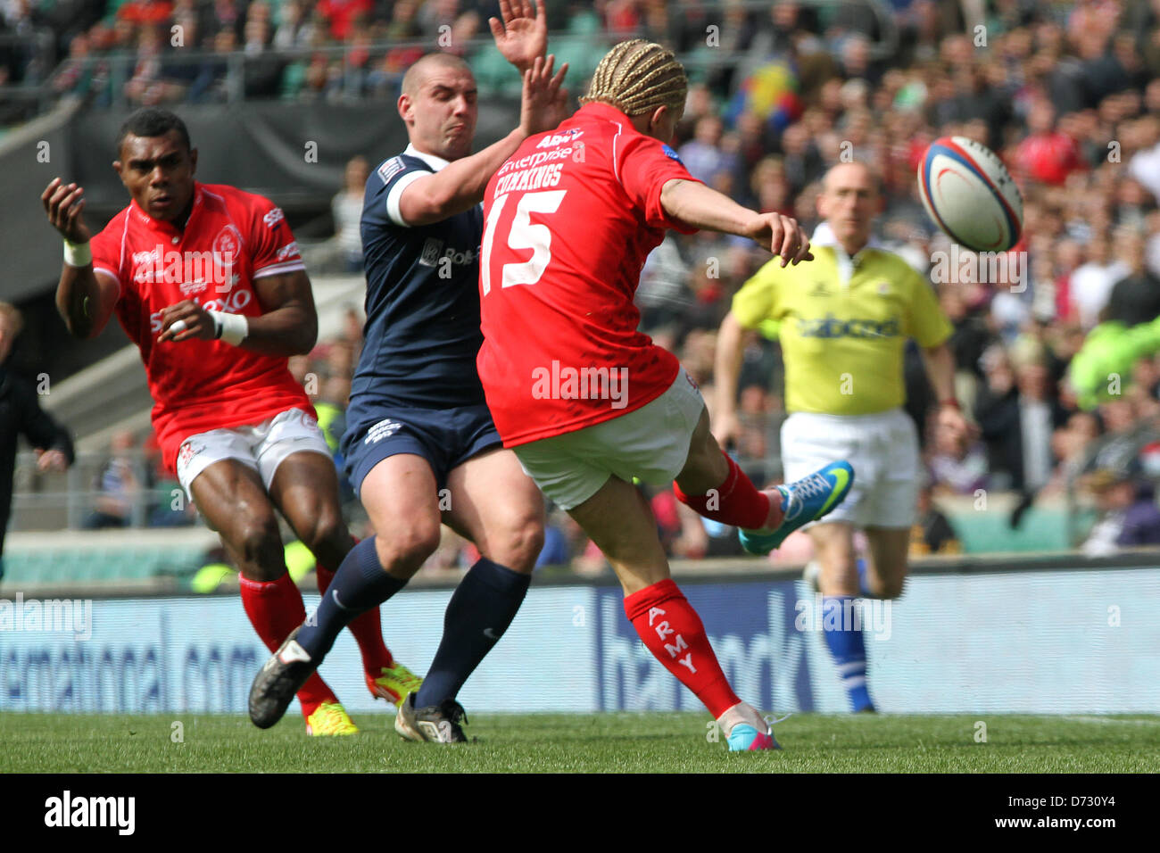 Corporal Ceri Cummings of the Army clears the ball during the Annual ...