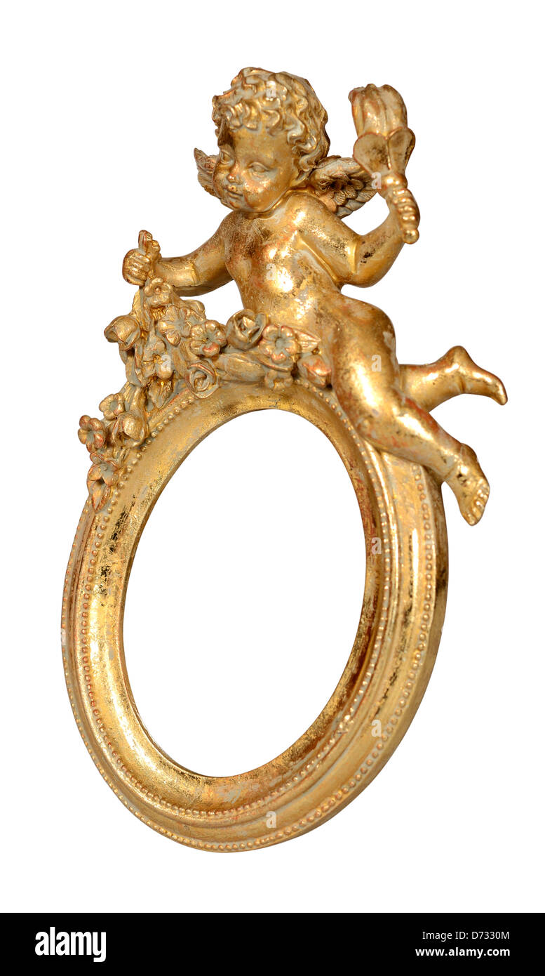 Oval baroque gold frame with cupid isolated on white with clipping path ...