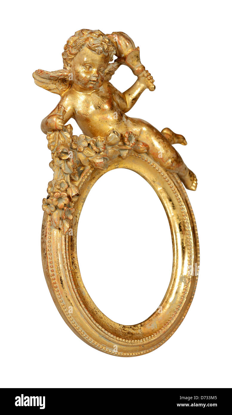 Oval baroque gold frame with cupid isolated on white with clipping path ...
