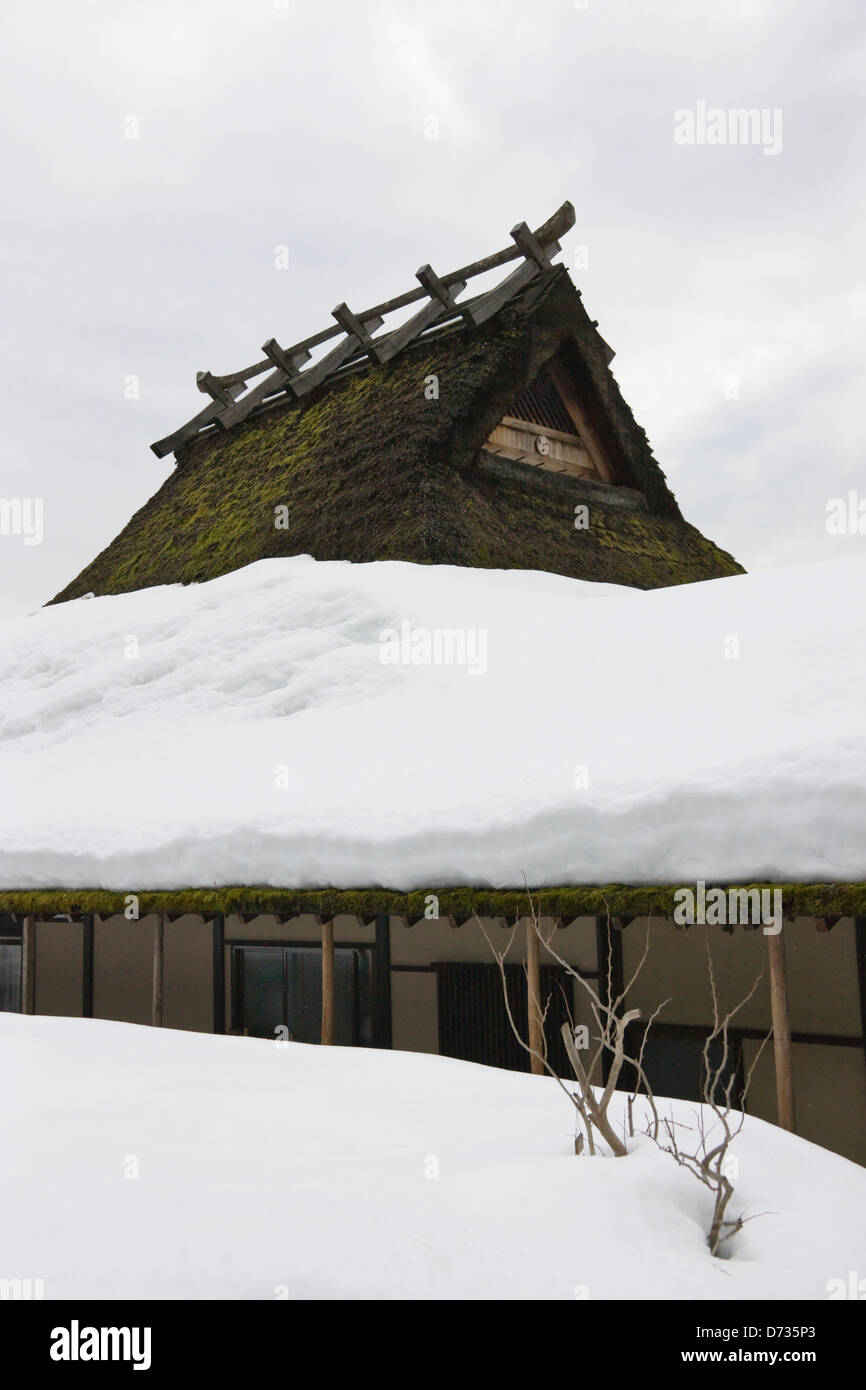 Traditional thatched roof house in the mountain covered by snow, Miyama ...