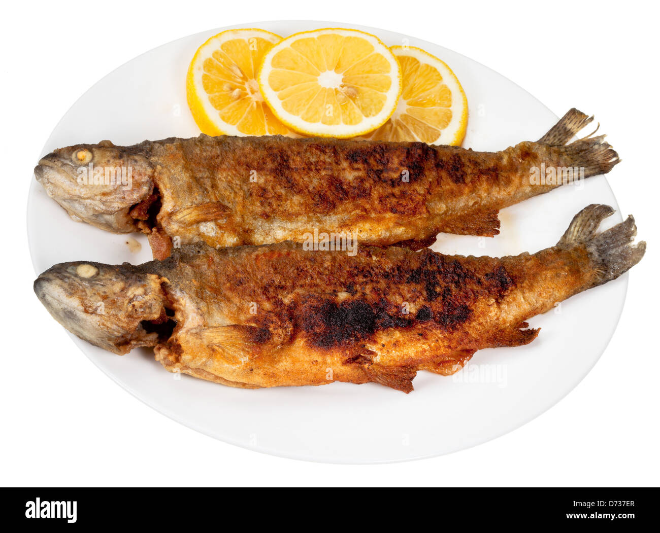 two fried river trout fishes on plate isolated on white background ...