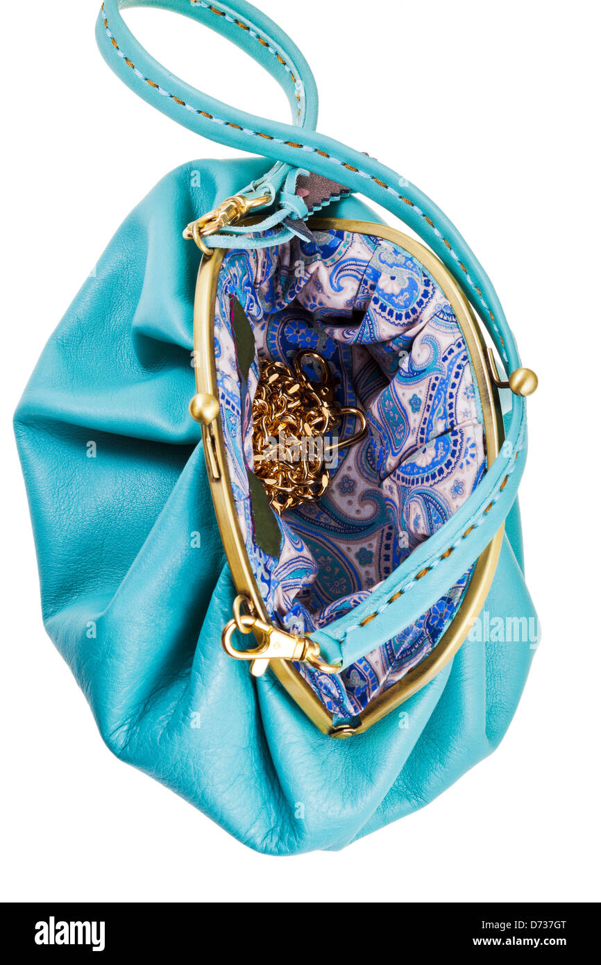 open blue leather retro style hanbag isolated on white background Stock ...