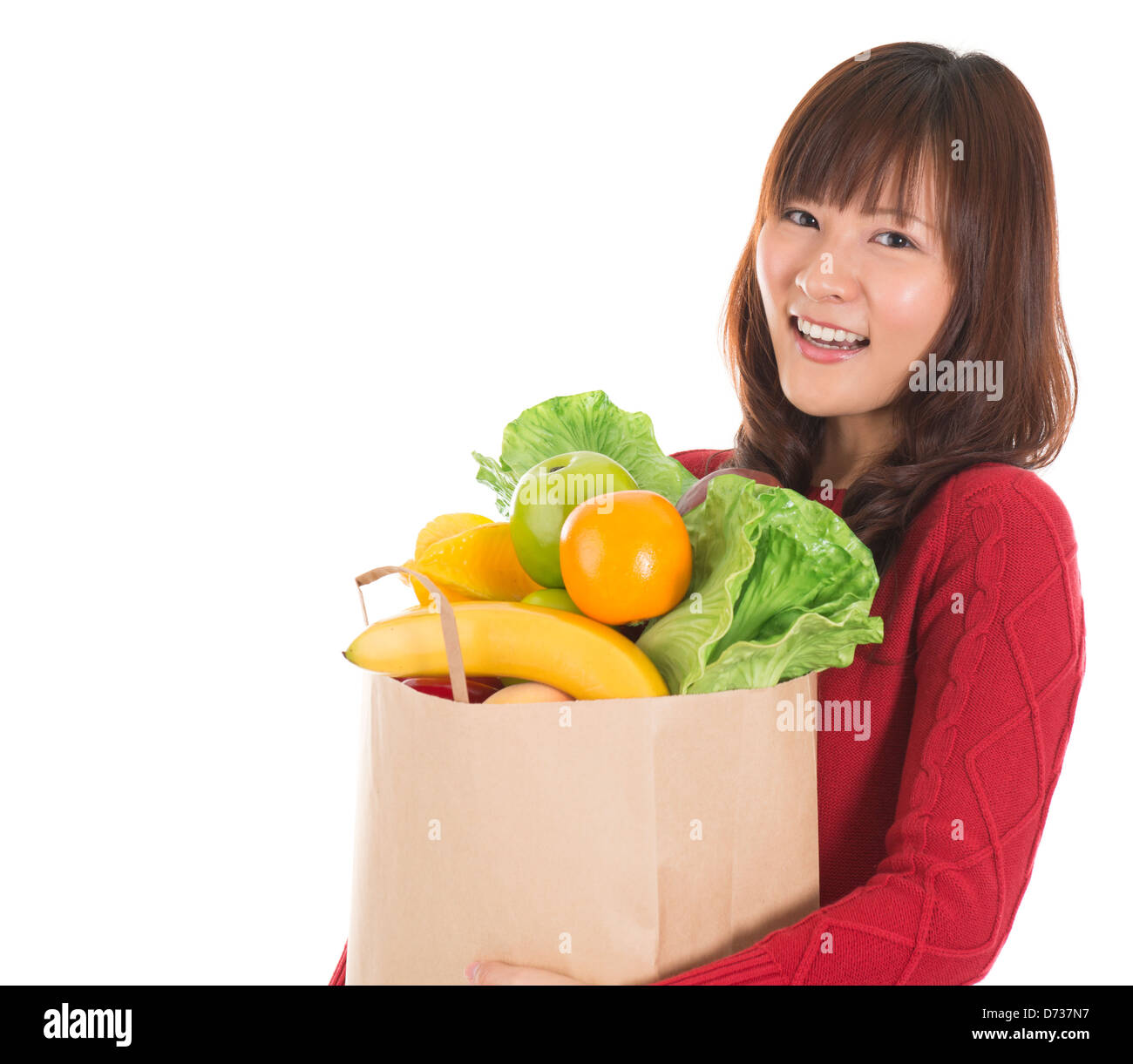 Happy Smiling Young Asian Woman Holding Paper Shopping Bag Full Of