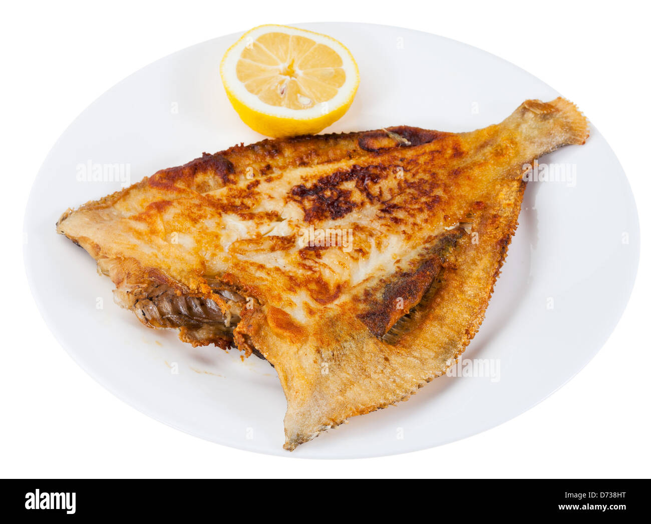 fried sole fish on white plate isolated on white background Stock Photo ...