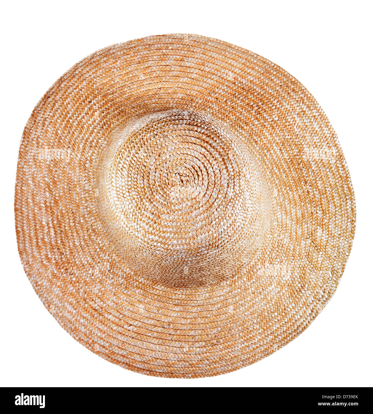 top view of simple rural straw broad-brim hat isolated on white ...