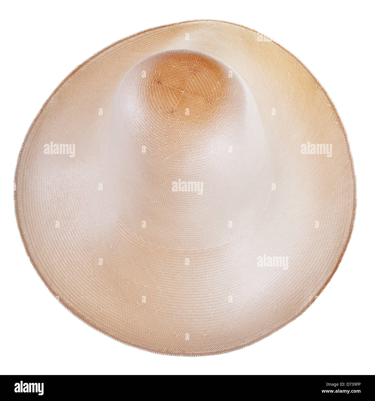 top view of simple country straw broad-brim hat isolated on white ...