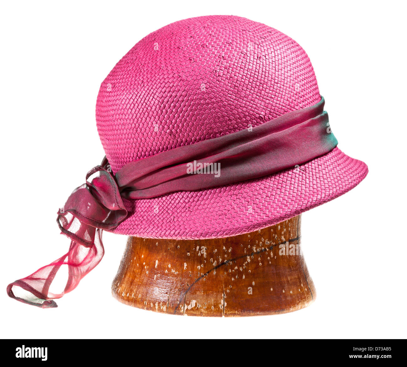 woman straw pink hat on wooden block isolated on white background Stock ...
