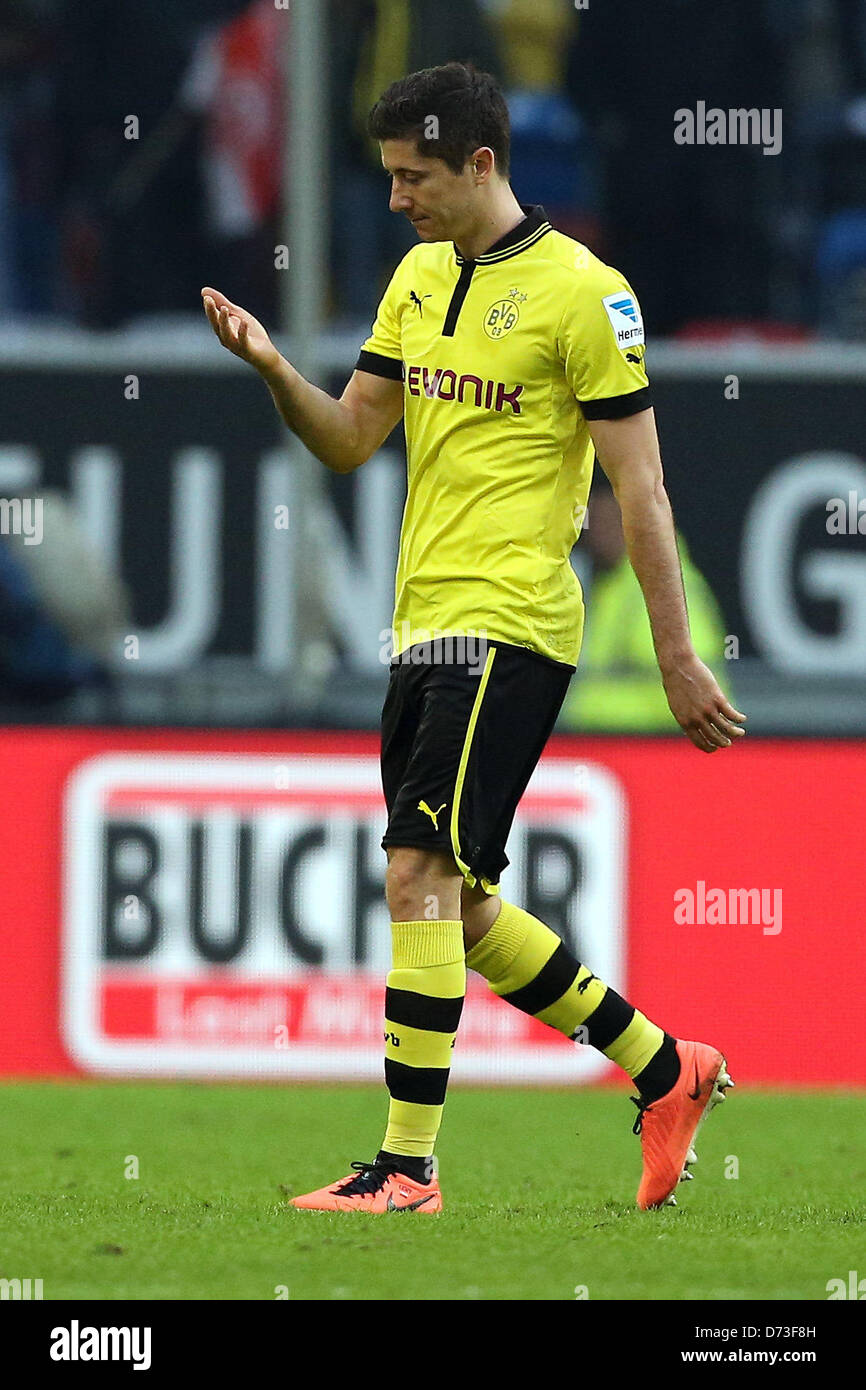 Dortmund's Robert Lewandowski walks off the pitch after the Bundesliga ...