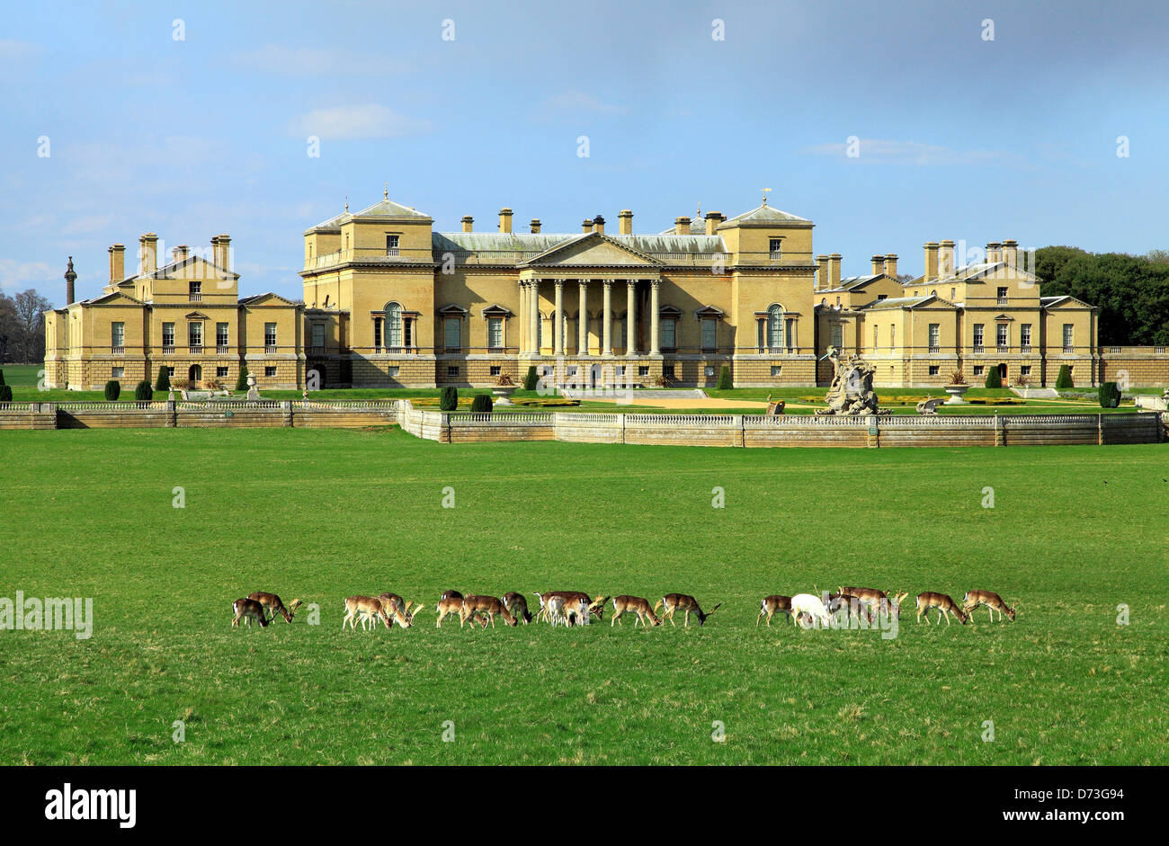 Holkham Hall, Norfolk, viewed across Park, herd of deer, 18th century ...