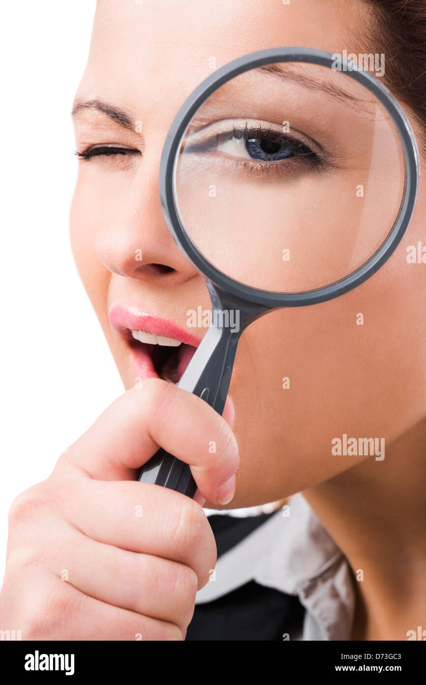 Portrait of a beautiful business woman holding a magnifying glass Stock ...