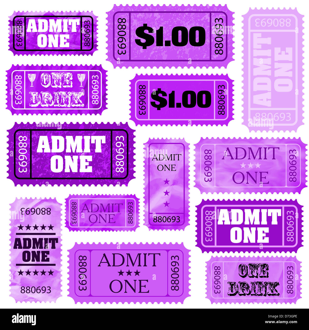 Violet set of ticket admit one Stock Photo - Alamy