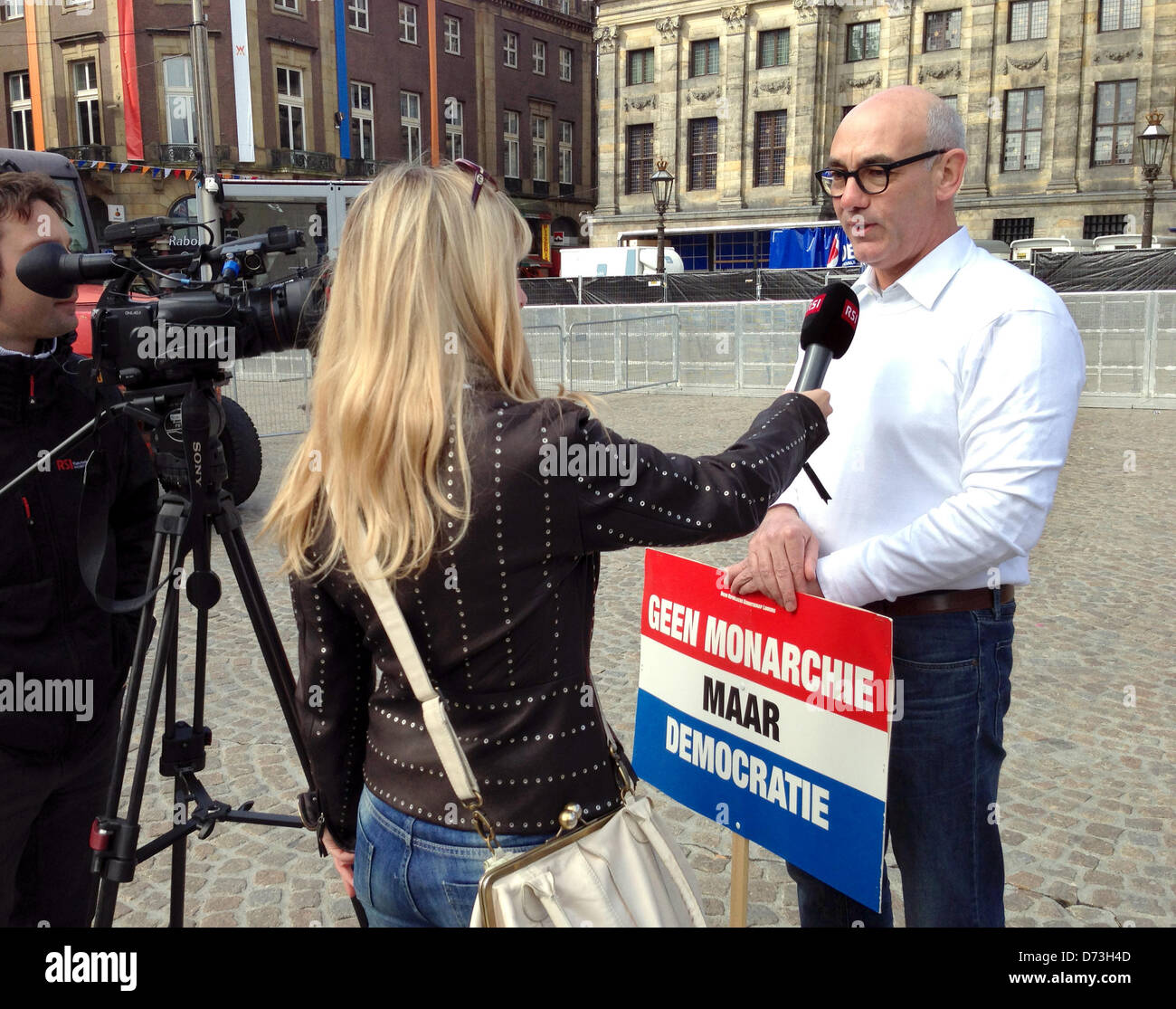 Monarchy opponents Hans Maessen is interviewed by a Swiss TV crew in ...