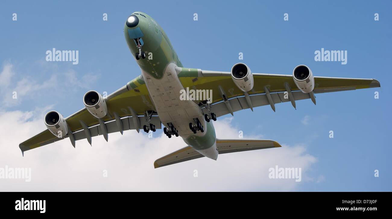 An unpainted Airbus A380 aircraft arrives at the Airbus production ...