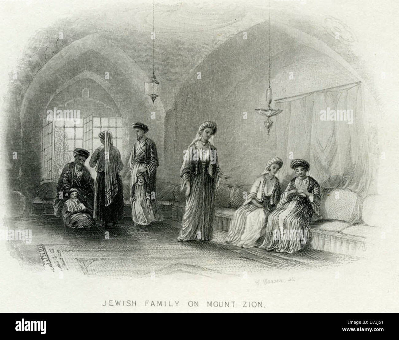 A depiction of a Jewish family on Mount Zion in Jerusalem, reflecting ...