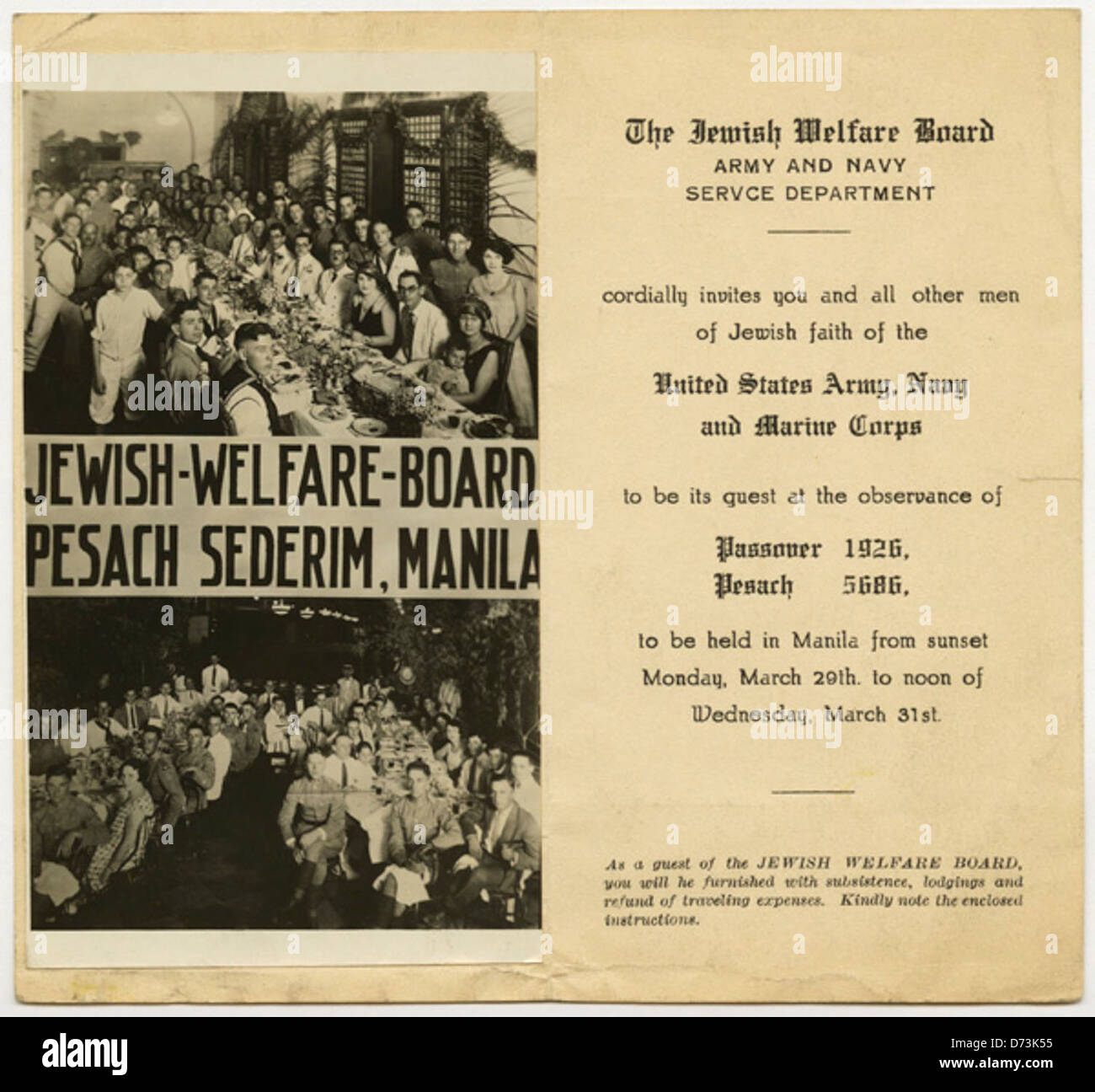 An invitation to the J.W.B. Passover Seder in Manila, Philippines, from ...