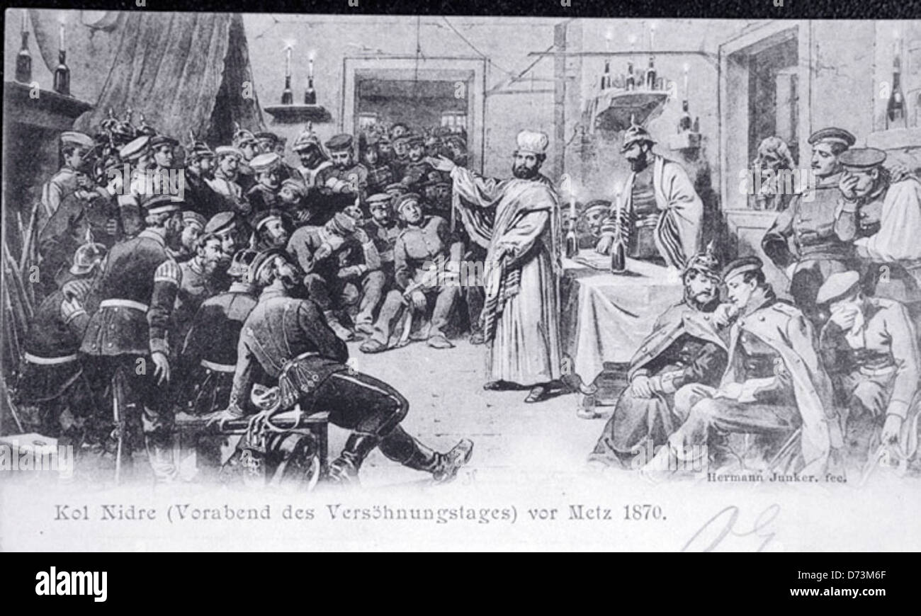 A drawing by Hermann Junker depicting the Kol Nidre service held for ...