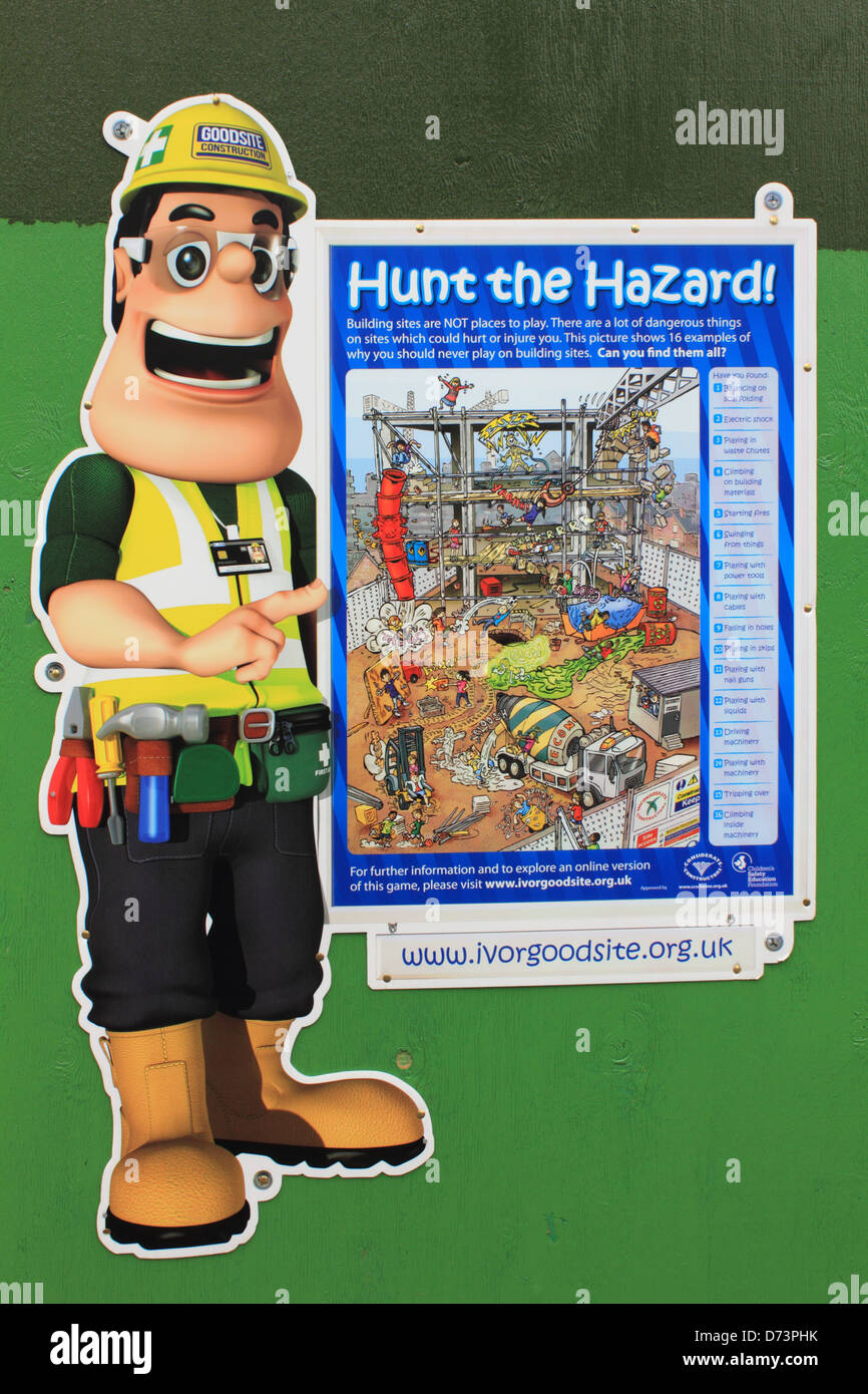 Hunt the Hazard cartoon poster at construction site Molesey, Surrey ...